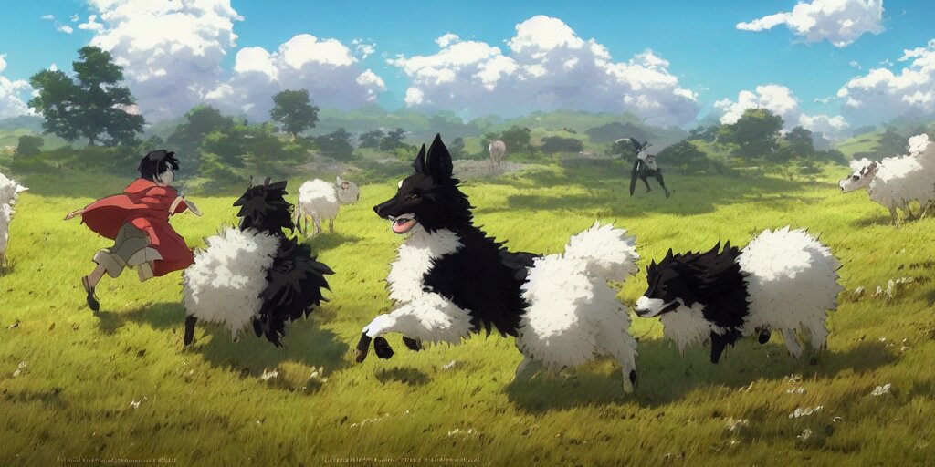 Lexica - Border collie chasing sheep on feld. nime key visual of luffy ...