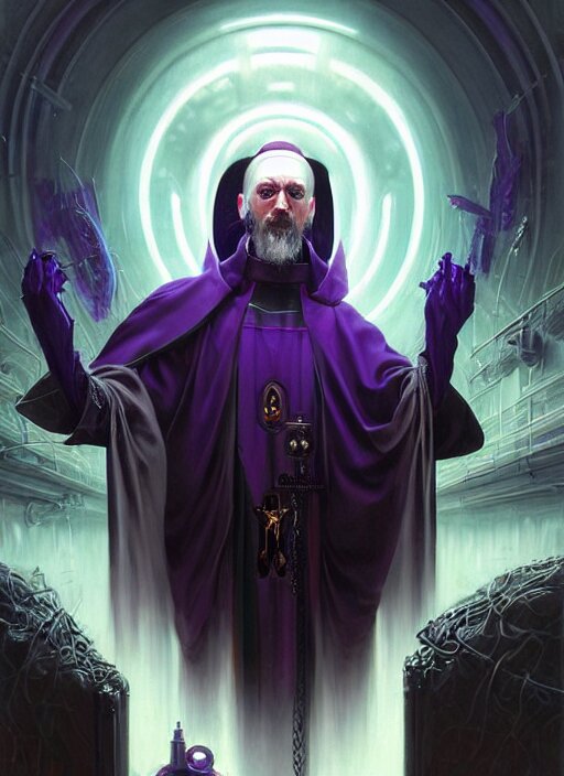 Lexica - Portrait of a cyberpunk orthodox priest with purple eyes, grim ...