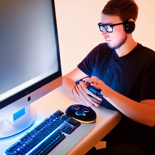 Lexica - Nerdy!! gamer with glasses next to glowing gaming computer