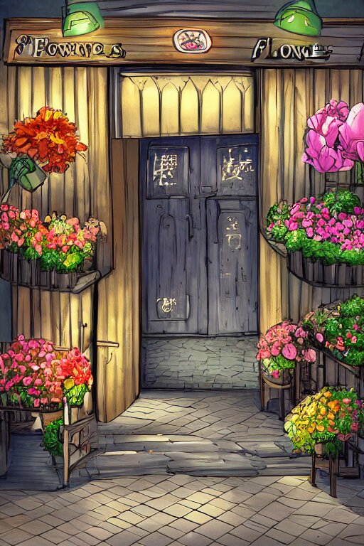 Lexica - A little flower shop's front gate, fresh, digital illustration ...
