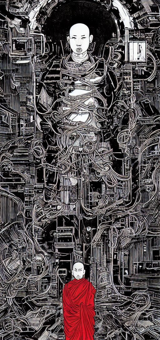 Lexica - Cyberpunk Buddhist Monk | Cyborg in Red surrounded by cables ...