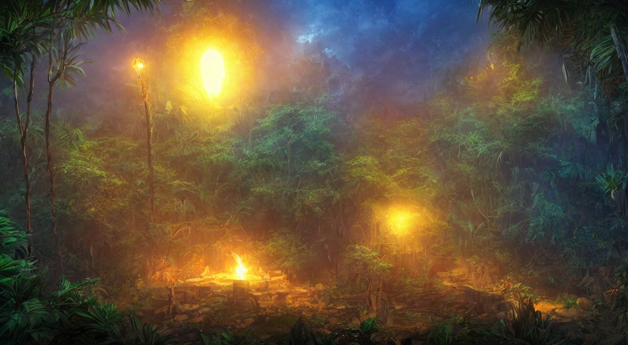 Lexica - lot torch by night in the tropical jungle the wall wood ...