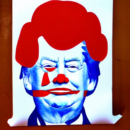 Lexica - Donald trump as sad ronald mcdonald holding paper bag, watercolor, vignette