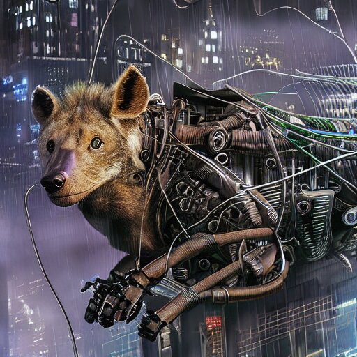 robotic cyberpunk hyena, many wires and metal exposed, realistic ...