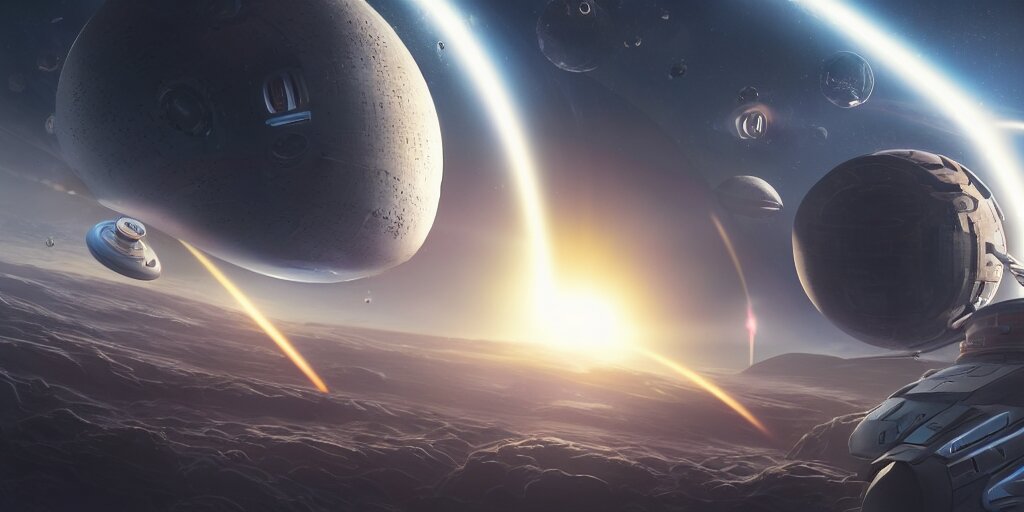 Lexica - Wide shot of a spheric round ball shaped sci fi space ship ...