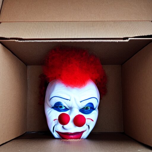 Lexica - A cardboard box opened up with a clown face popping out of it ...