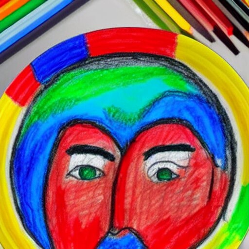 Lexica - A colorful crayon drawing of a face on a paper plate