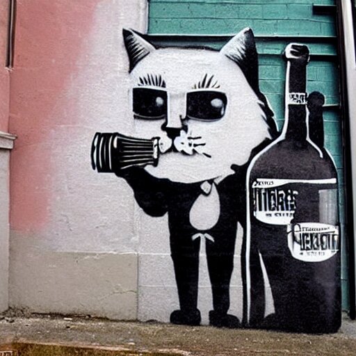 Lexica - Street art of an alcoholic cat who drink wine, by banksy