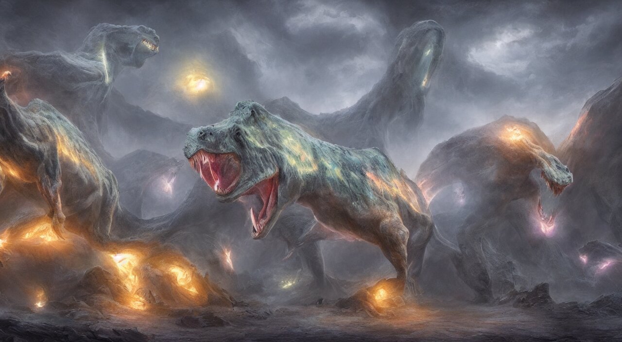 Lexica - Colorful ghost dinosaurs, glowing with magic, trapped in slate ...