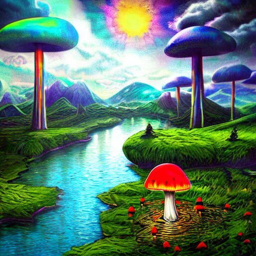 psychedelic mushroom kingdom, dmt, landscape, river, trending on ...