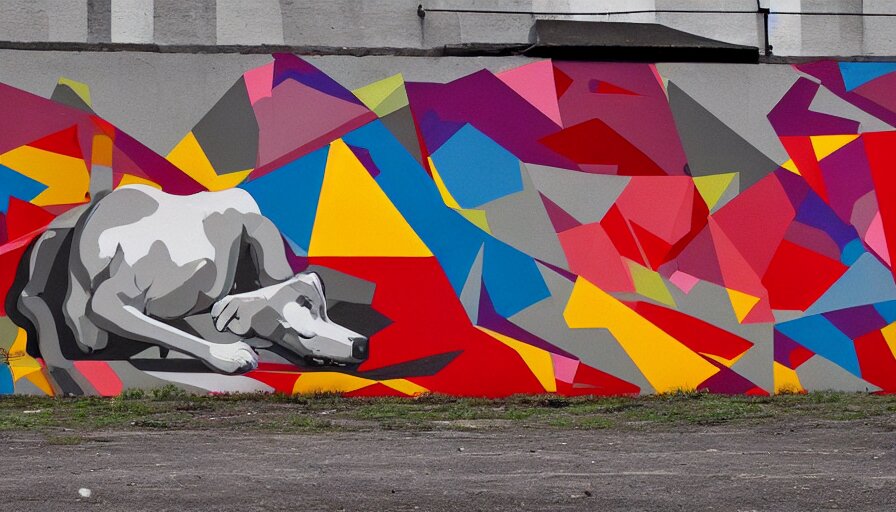 Lexica - Stray dog sleeping under graffiti 3 d street art depicting ...