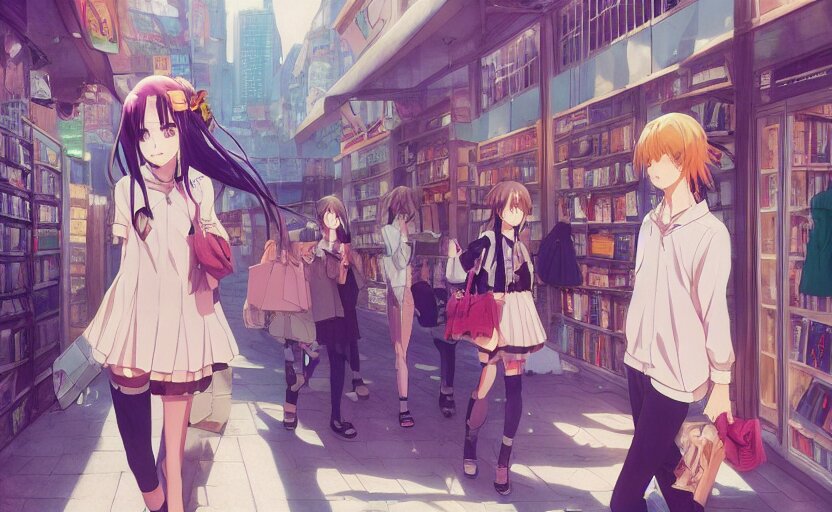 Lexica - One single high school anime girl shopping on a book store. by ...