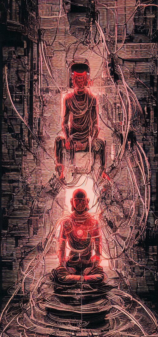Lexica - Cyberpunk Buddhist Monk | Cyborg in Red surrounded by cables ...