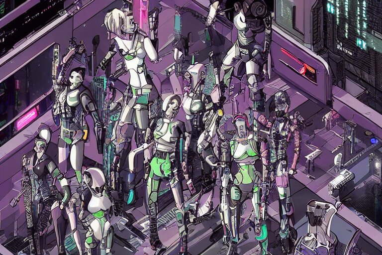 Lexica - A cyberpunk illustration of a group of female androids in ...