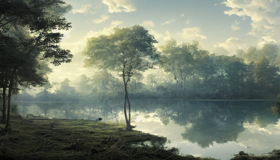 Lexica - Portrait of a vast lake with a village surrounded by woodland ...