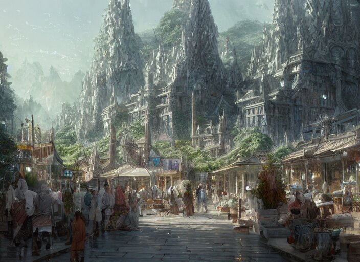 Lexica - A bustling trading port and market near the ocean in a ...