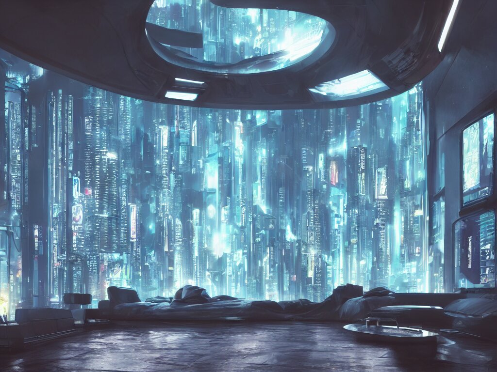 Lexica - A futuristic bedroom with large curved ceiling high windows ...