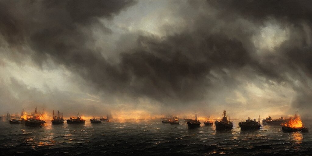 Lexica - Hyper realistic oil painting of a medieval fleet burning, dark ...