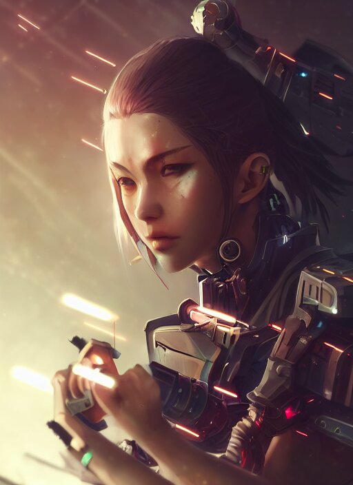 Lexica - Cool cyberpunk cyborg samurai girl, battle pose, laser guns ...