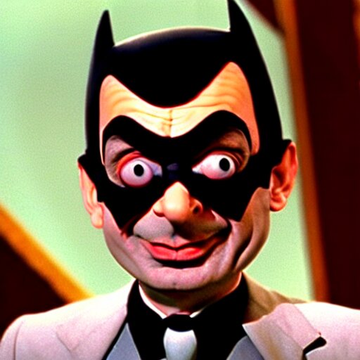Lexica - Mr. bean as batman 1 9 6 6. movie still. cinematic lighting.