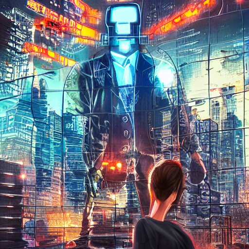 Lexica - Giant with bitcoin head chasing people scared in cyberpunk ...