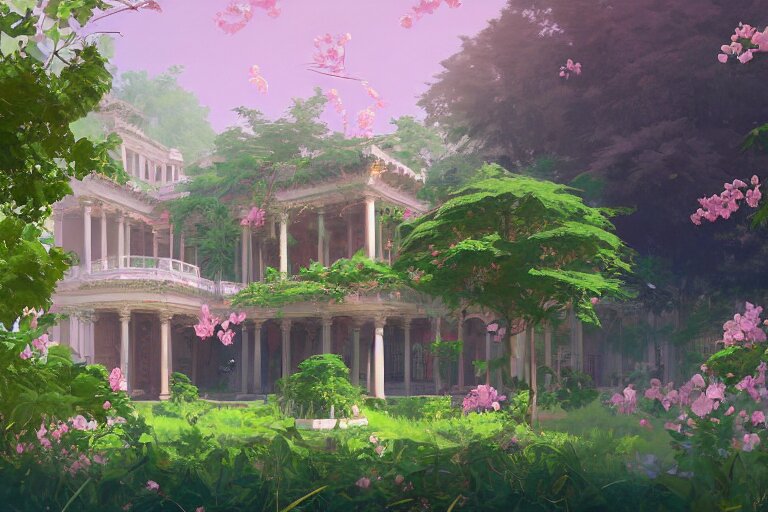 Lexica - Green weed grow house, rococo style, greek architecture, pink ...