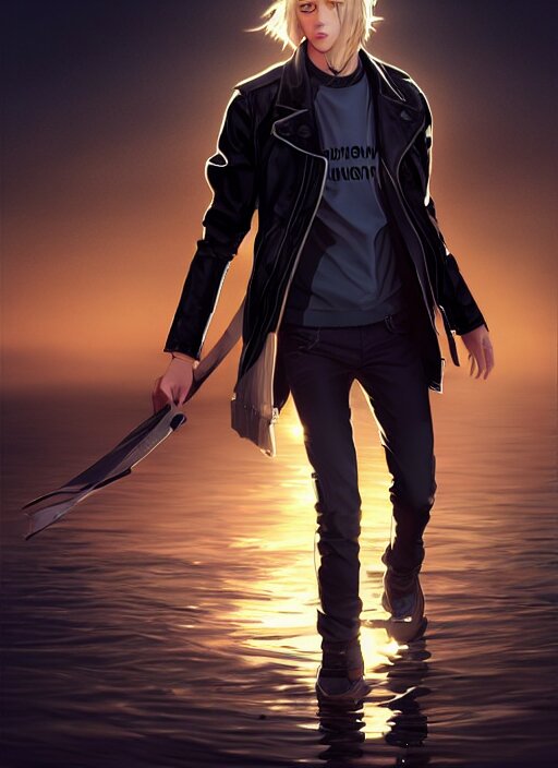 Lexica - Beautiful blonde teenage boy assassin walking on water ...