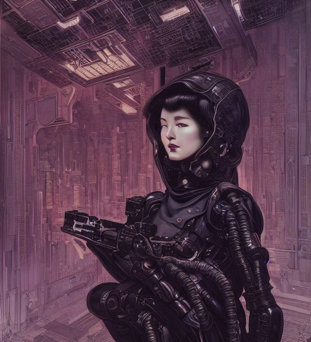 a baroque portrait of a retrofuturistic assassin in light surrou ...