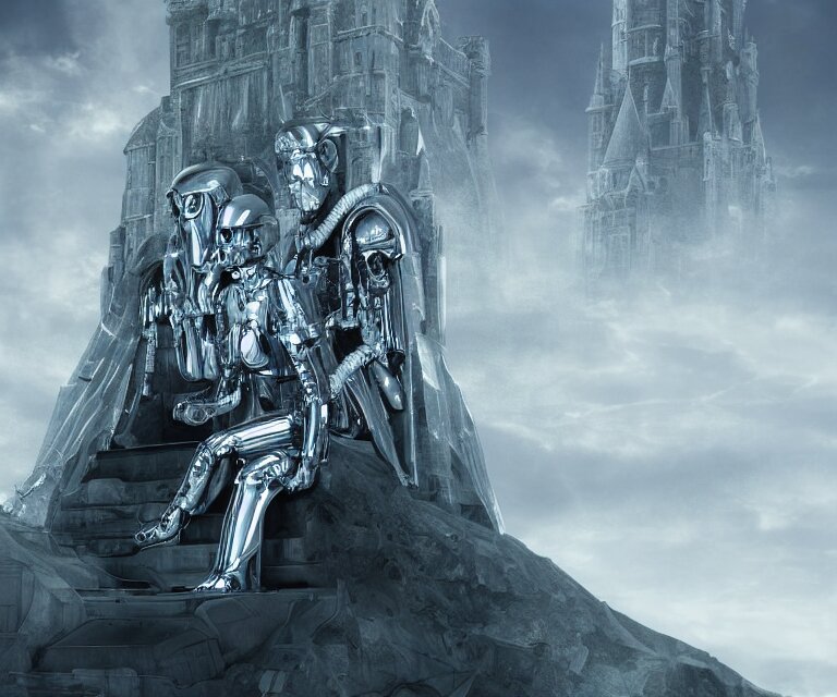 Lexica - Translucent cyborg sitting on an aluminum throne, futuristic ...