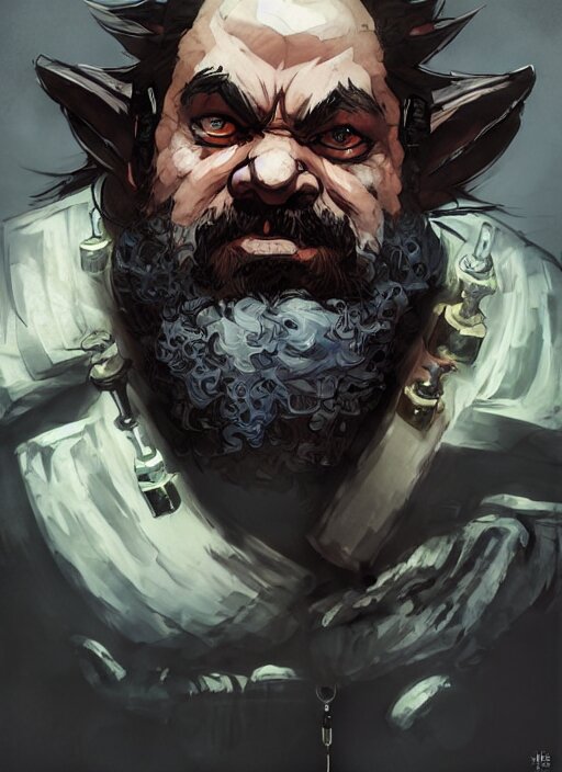 Lexica - Portrait of a crazy dwarf with poison flasks. in style of yoji ...