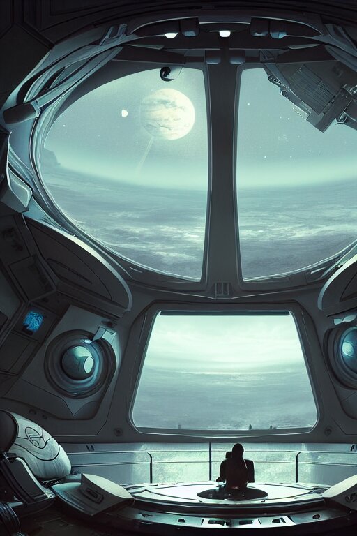 Lexica - Inside a room alien spaceship with large window that provide a ...