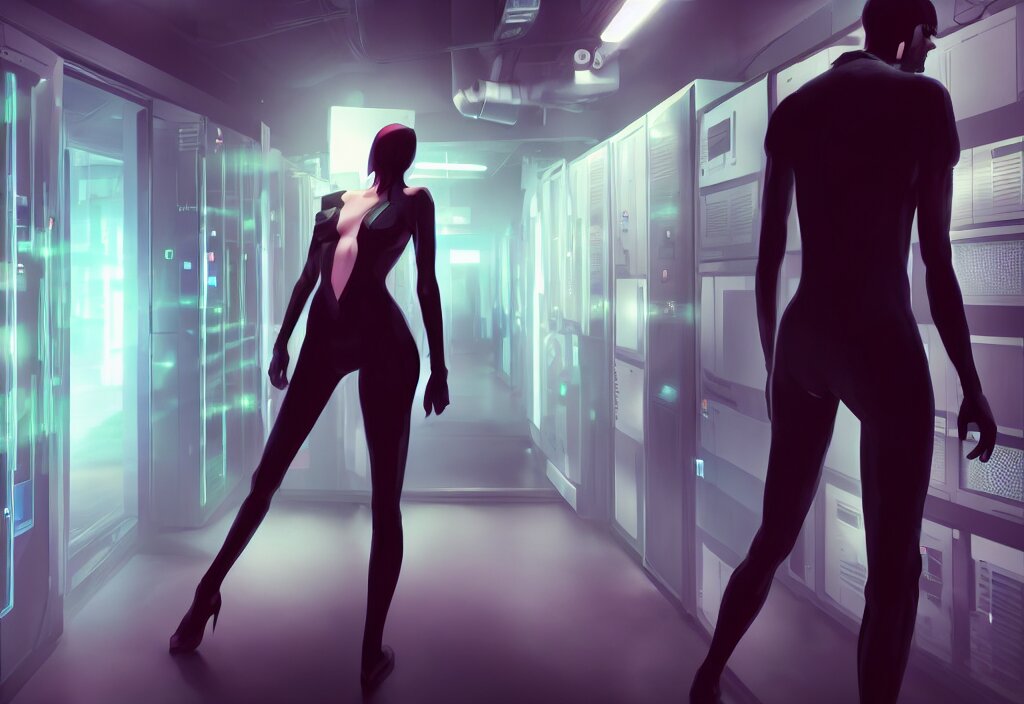 Lexica - By rupert sanders android walking in server room in datacenter ...