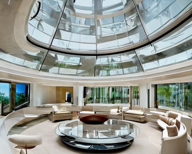 Lexica - A futuristic living room in a glass dome with floor to ceiling ...