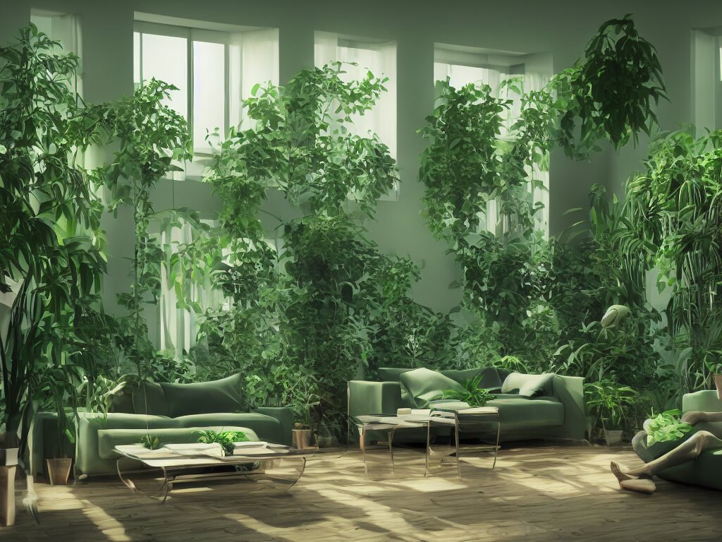 Lexica - Comfy green living room with many plants, complicated liminal ...