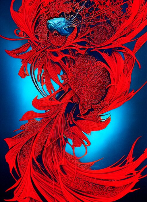 Lexica - Red betta fish by james jean and frank frazetta + black paper ...