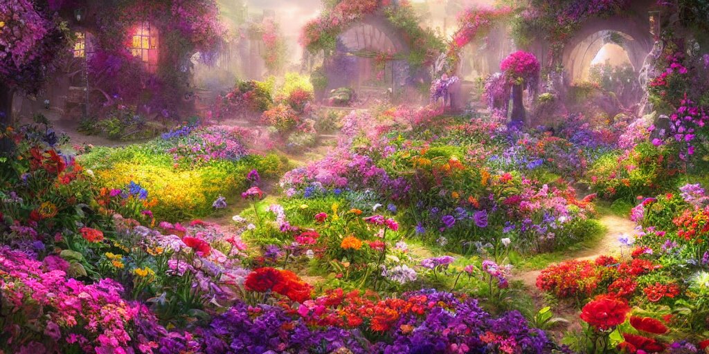 Lexica - Beautiful fantasy flower garden, saturated, detailed lighting ...
