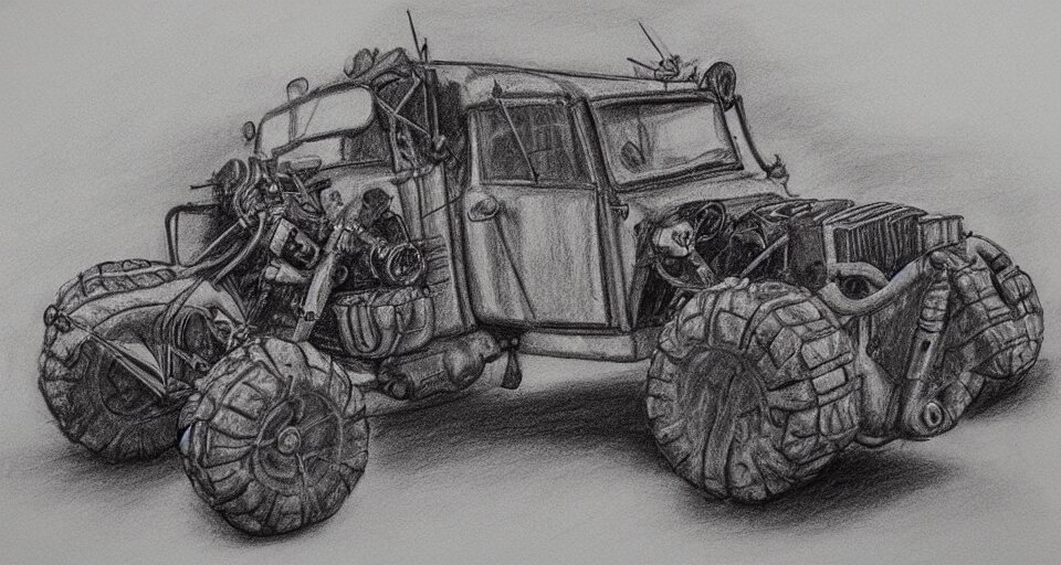 graphite drawing of a stylized cartoony fury road car - Arthub.ai