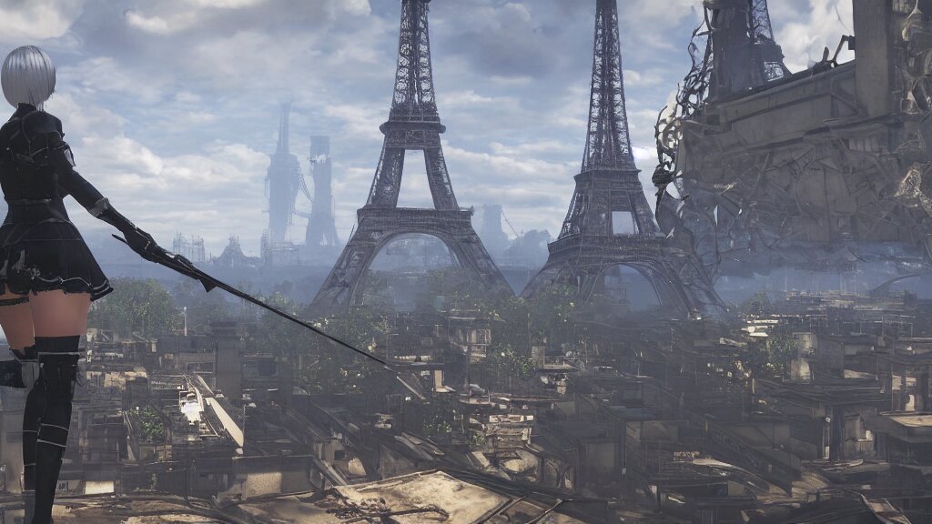 Lexica - Screenshot from Nier Automata, near the Eiffel tower in Paris