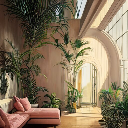 indoor liminal space, golden light, greg rutkowski, palm trees ...