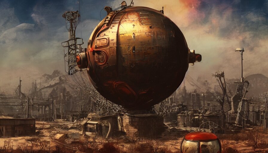 Lexica - Fallout sputnik concept art, black background, vibrant colors ...