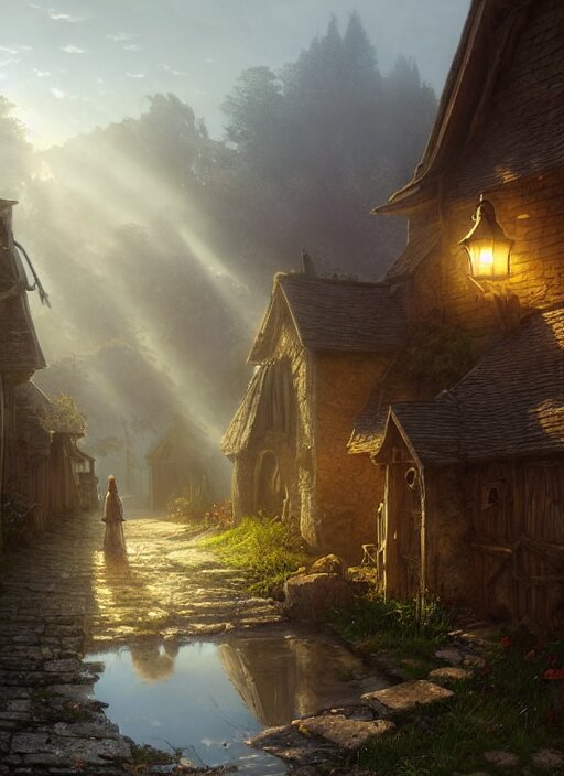 Lexica - Small poor medieval village, mist, sunrays, dust in the air ...