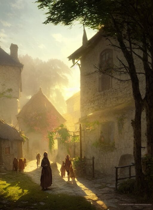 Lexica - Small poor medieval village, mist, sunrays, dust in the air ...