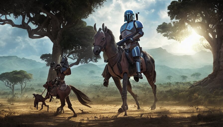 Lexica - Mandalorian riding a horse alone, madagascar with baobabs ...