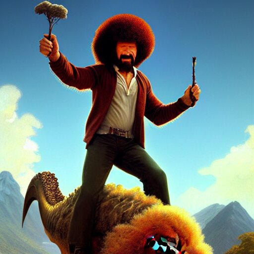 Lexica - Bob ross!!! riding! a dinosaur, giant afro, model pose, ultra ...