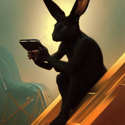 Lexica - A black rabbit watches the news on his smartphone, artstation ...