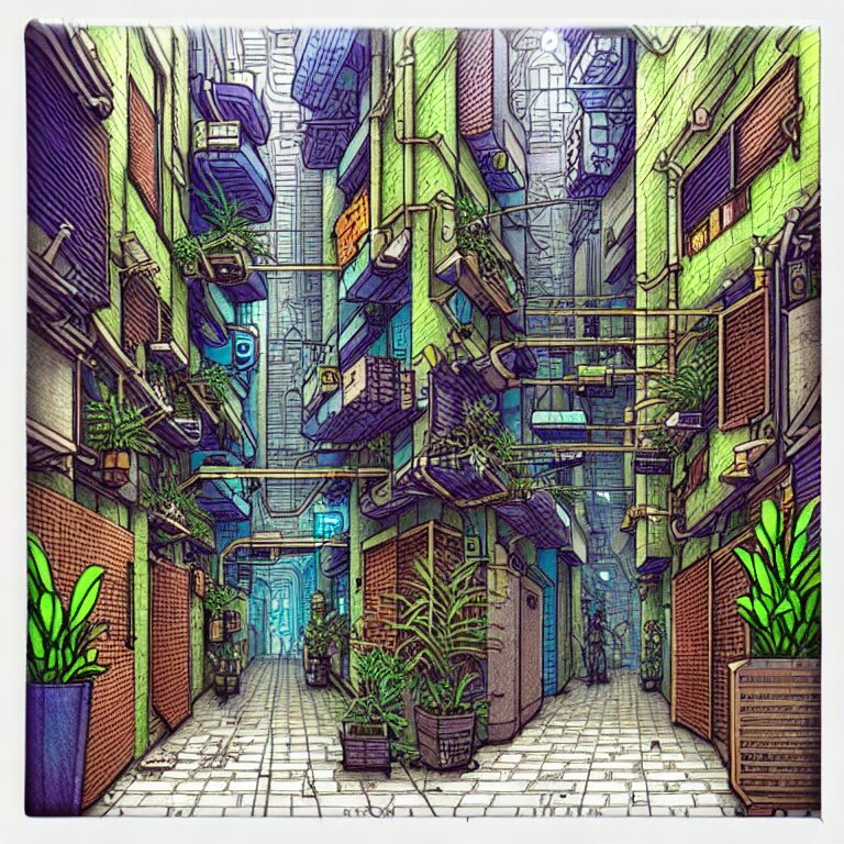Lexica - An absurdly-detailed cyberpunk alleyway colored-pen drawing as ...