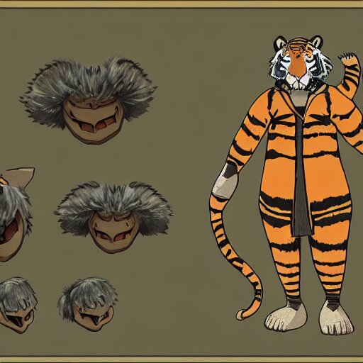 Lexica - Tiger man inspired by Studio Ghibli, Character reference Sheet
