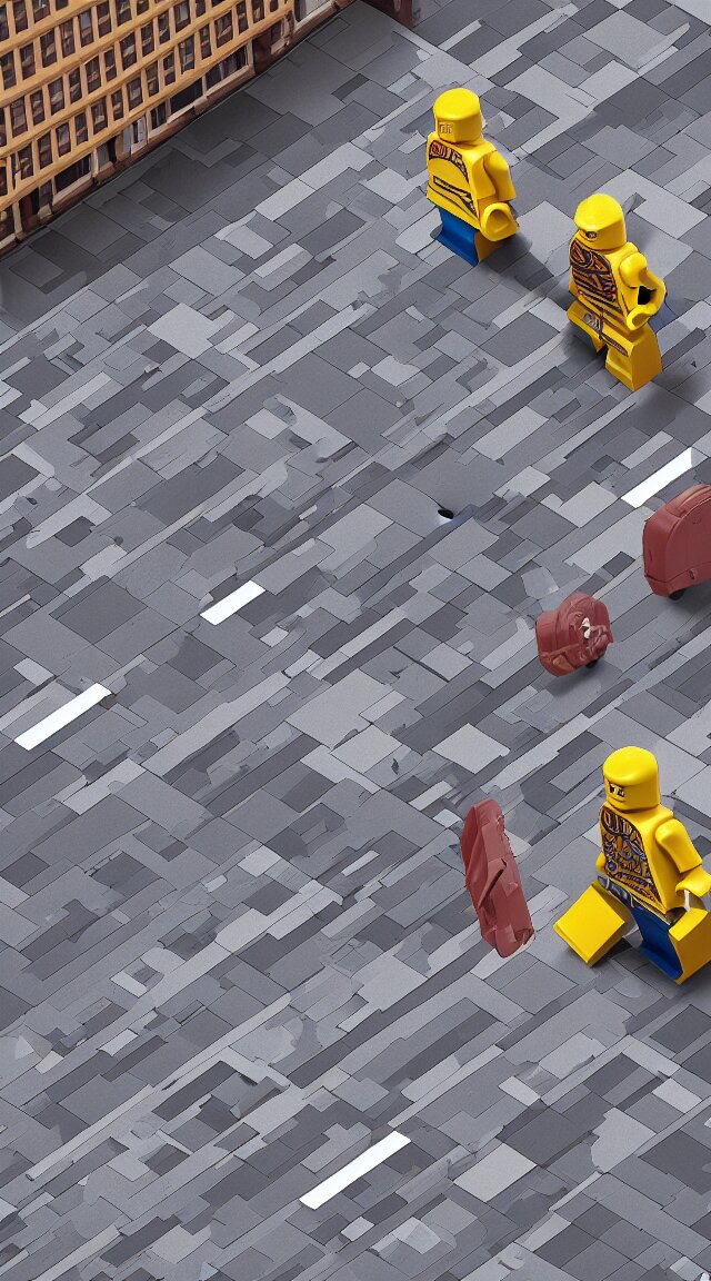 hyperrealistic giant enormous lego minifigure walking over city ...