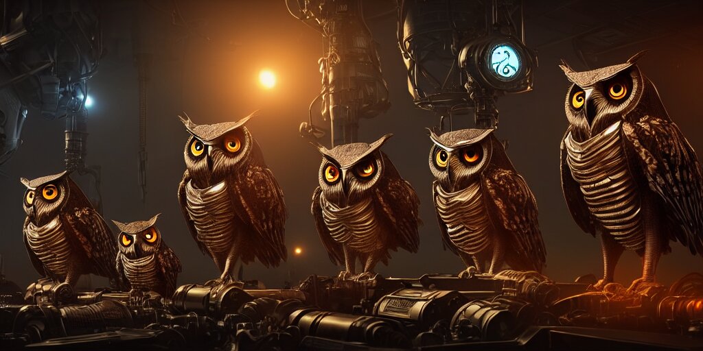 Lexica - Giant evil, malevolent, cyborg owls snuggling, surrounded by computer screens ...