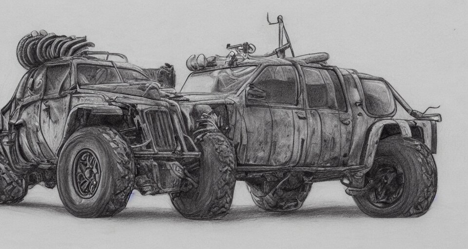 graphite drawing of a stylized cartoony fury road car - Arthub.ai